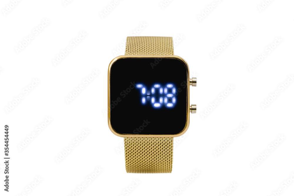 Square smartwatch with golden mesh metal style strap, black dial face ...