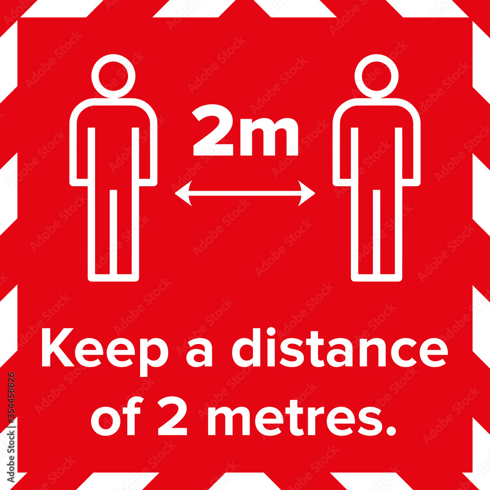 Coronavirus social distancing 2m metre distance warning sign or floor ...