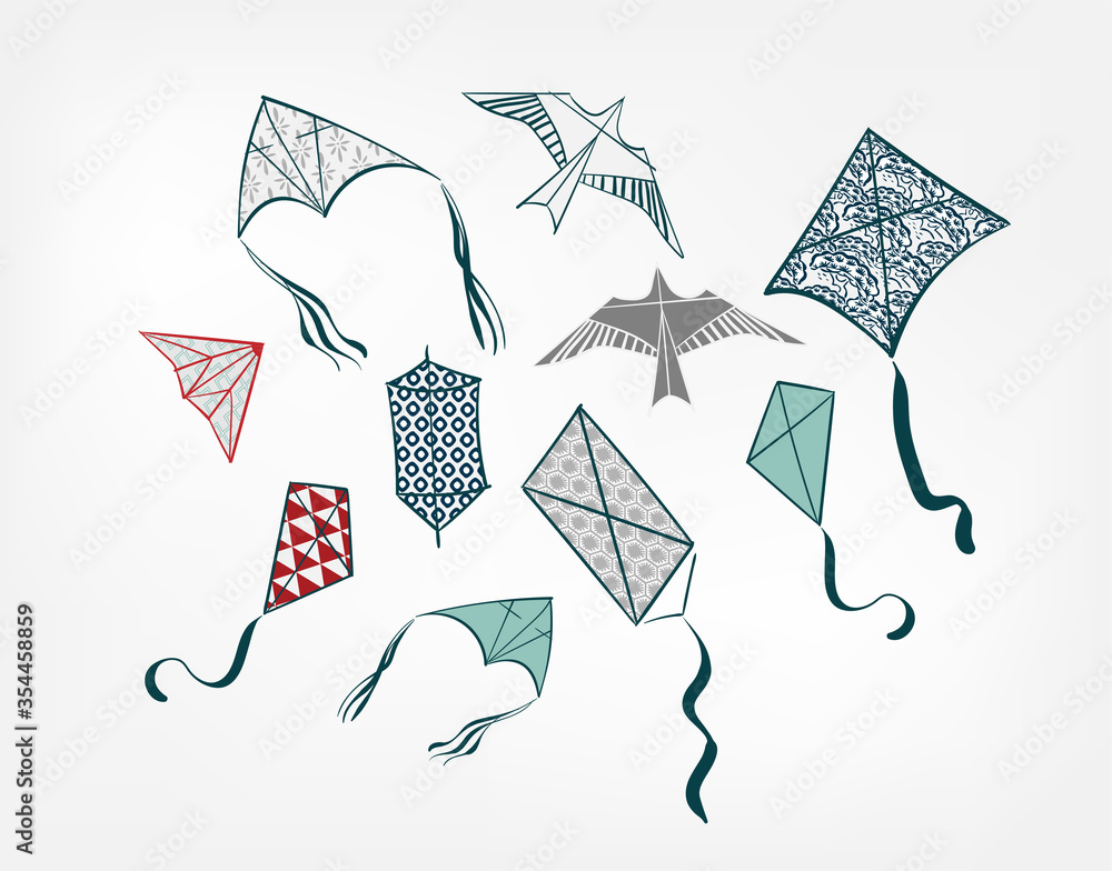 kite traditional geometric kimono card background vector sketch ...