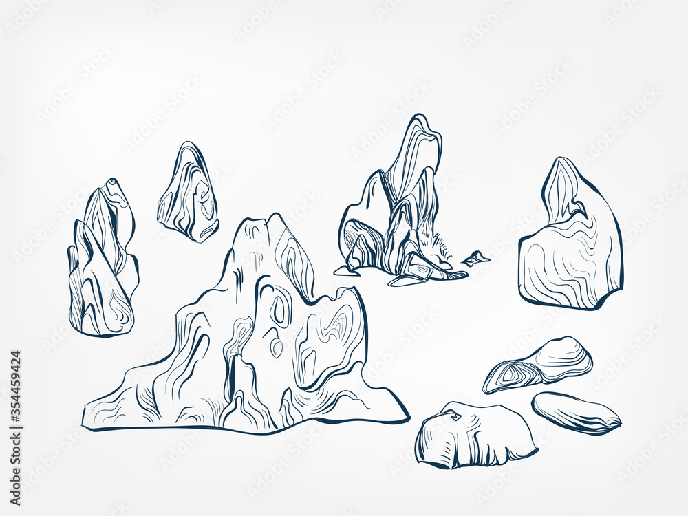 stone garden vector ink illustration sketch japanese chinese style line ...