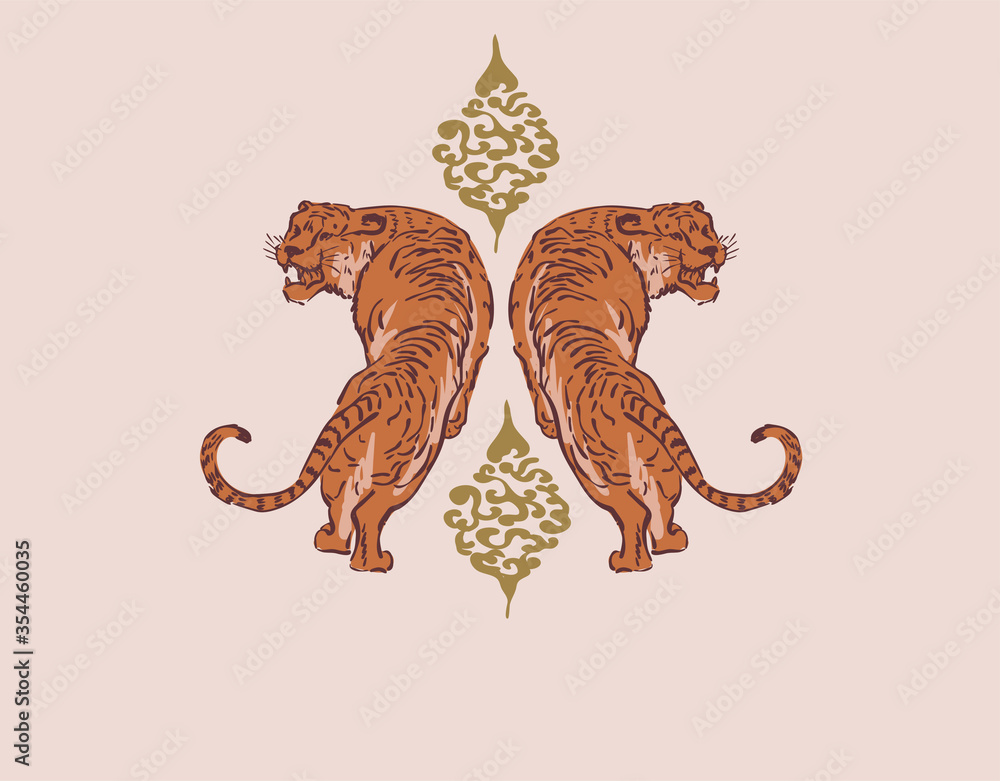 tiger traditional card background vector illustration line art japanese ...