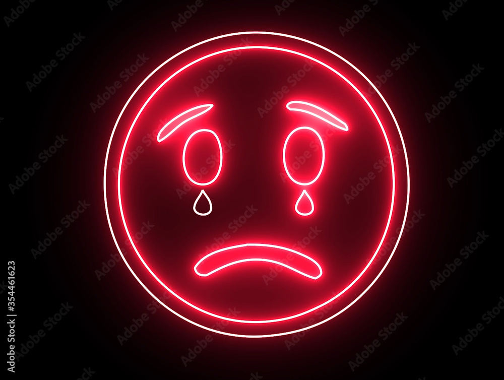 Neon emoji face, crying sign and sad face. Web character with neon ...