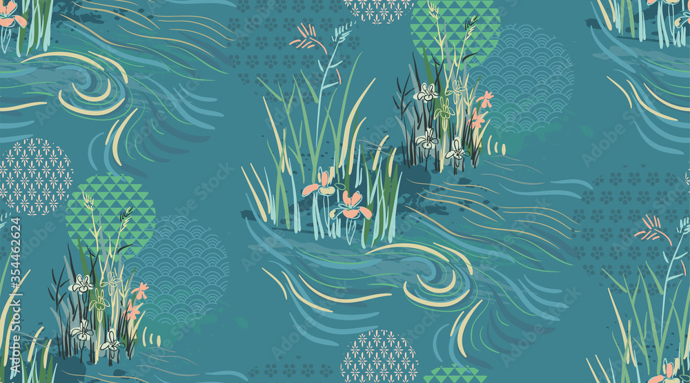 river pond flower japanese chinese design sketch ink paint style ...