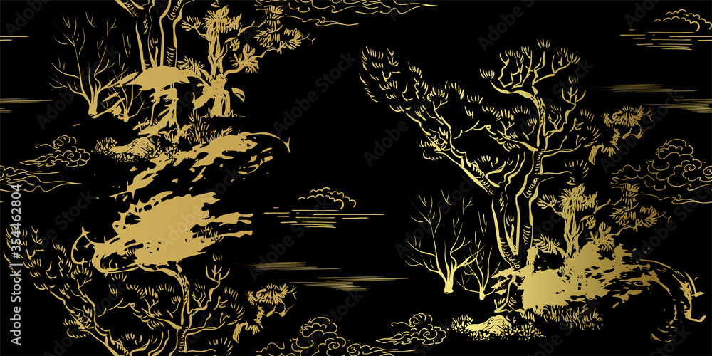 tree forest japanese chinese design sketch black gold style seamless ...