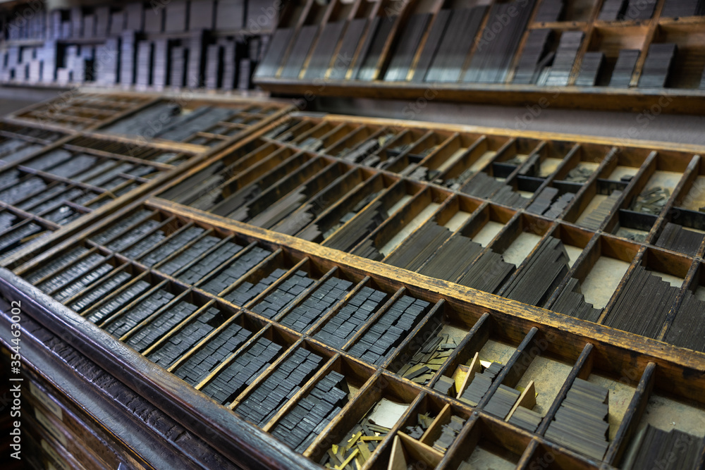 Printing furniture with drawers full of typefaces ready to be used, old ...