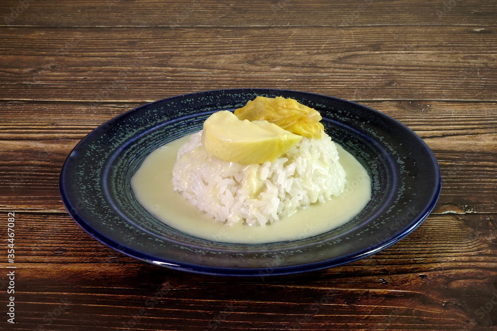 Durian sticky rice in coconut milk and durian creamy sauce. One of most ...