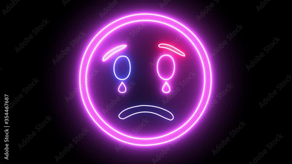 Neon emoji face, crying sign and sad face. Web character with neon ...