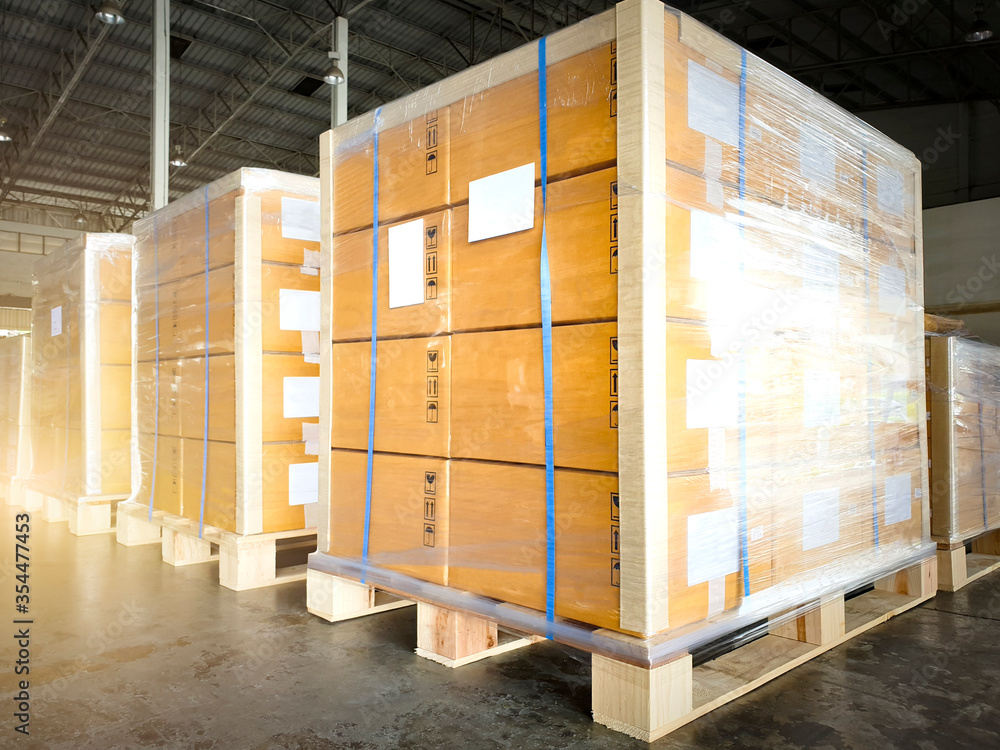 Packaging Boxes Wrapped Plastic Film on Pallets in Storage Warehouse ...