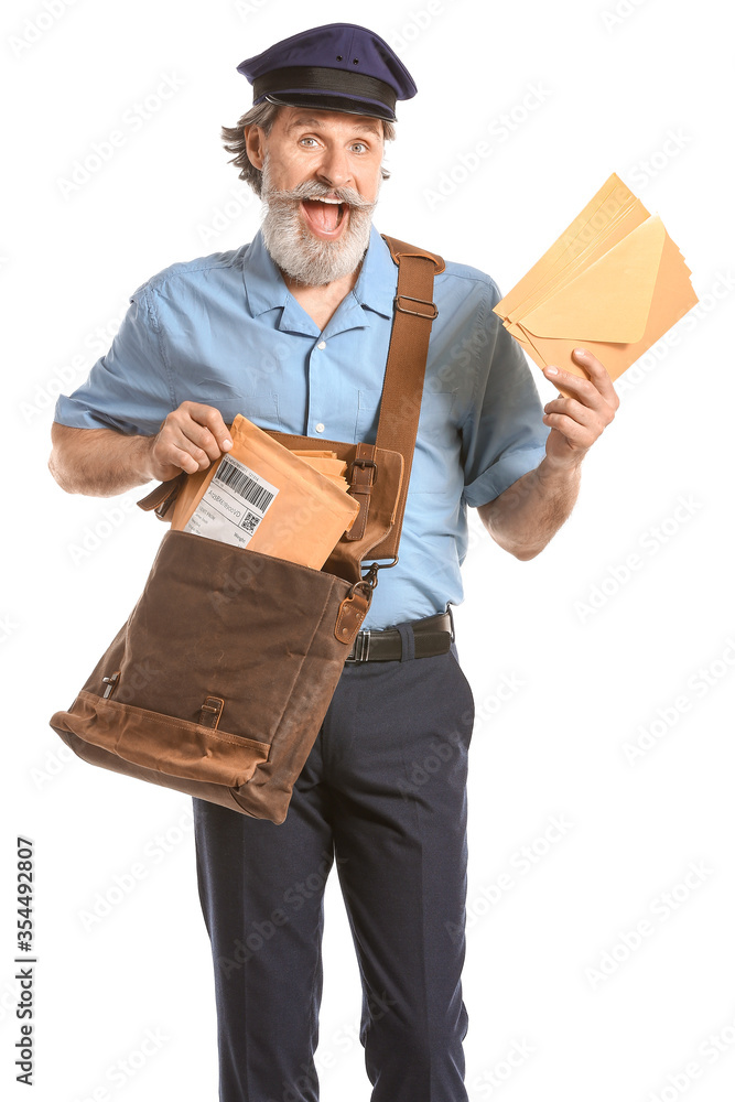 Handsome old postman on white background Stock Photo | Adobe Stock