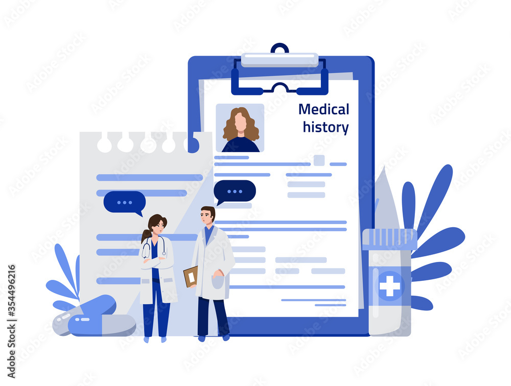 Medical history concept. Doctors woman and man explore patient medical ...