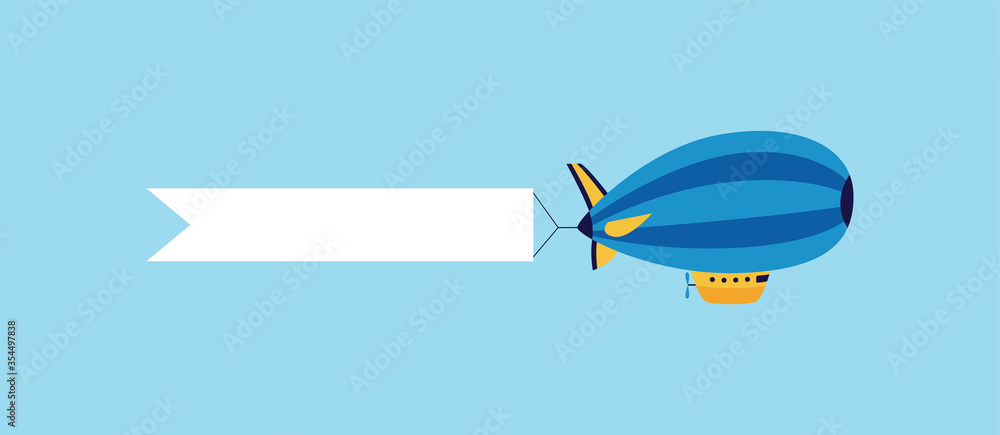 Blue cartoon zeppelin airship with white ribbon flag flying in the sky ...