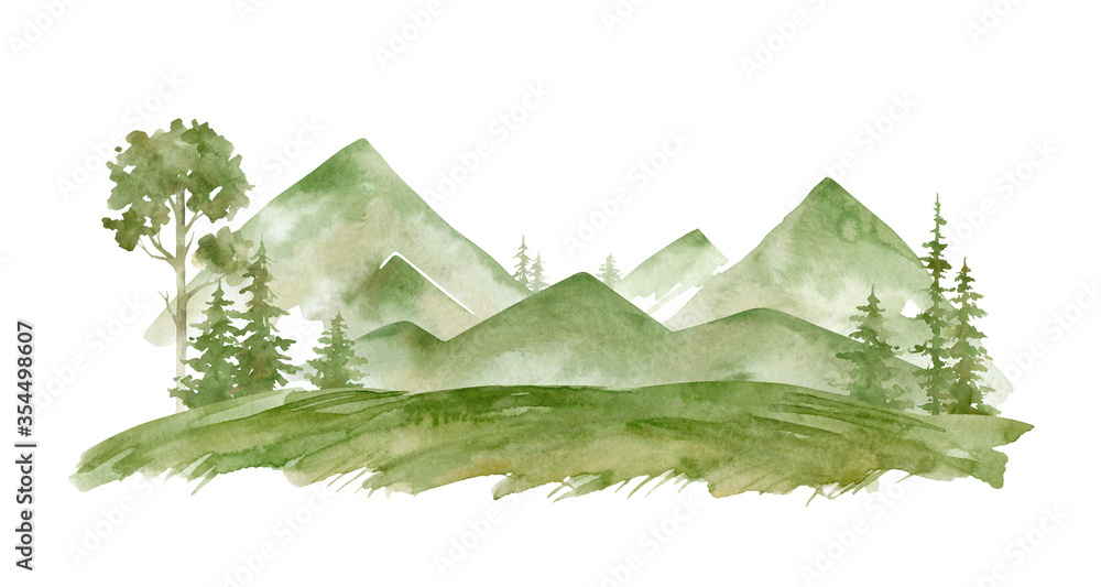 Watercolor hand drawn mountains and fir trees isolated on white ...