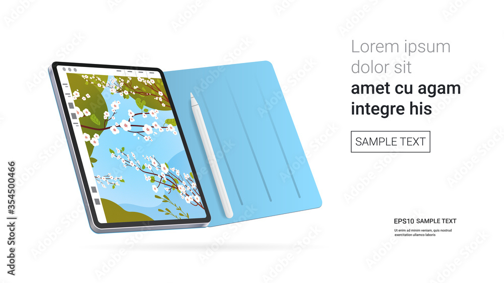 tablet with beautiful wallpaper on screen isolated on white background ...