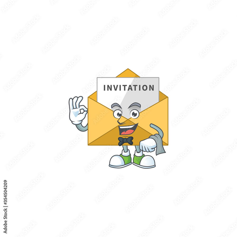 A cartoon image of invitation message as a waiter character ready to ...