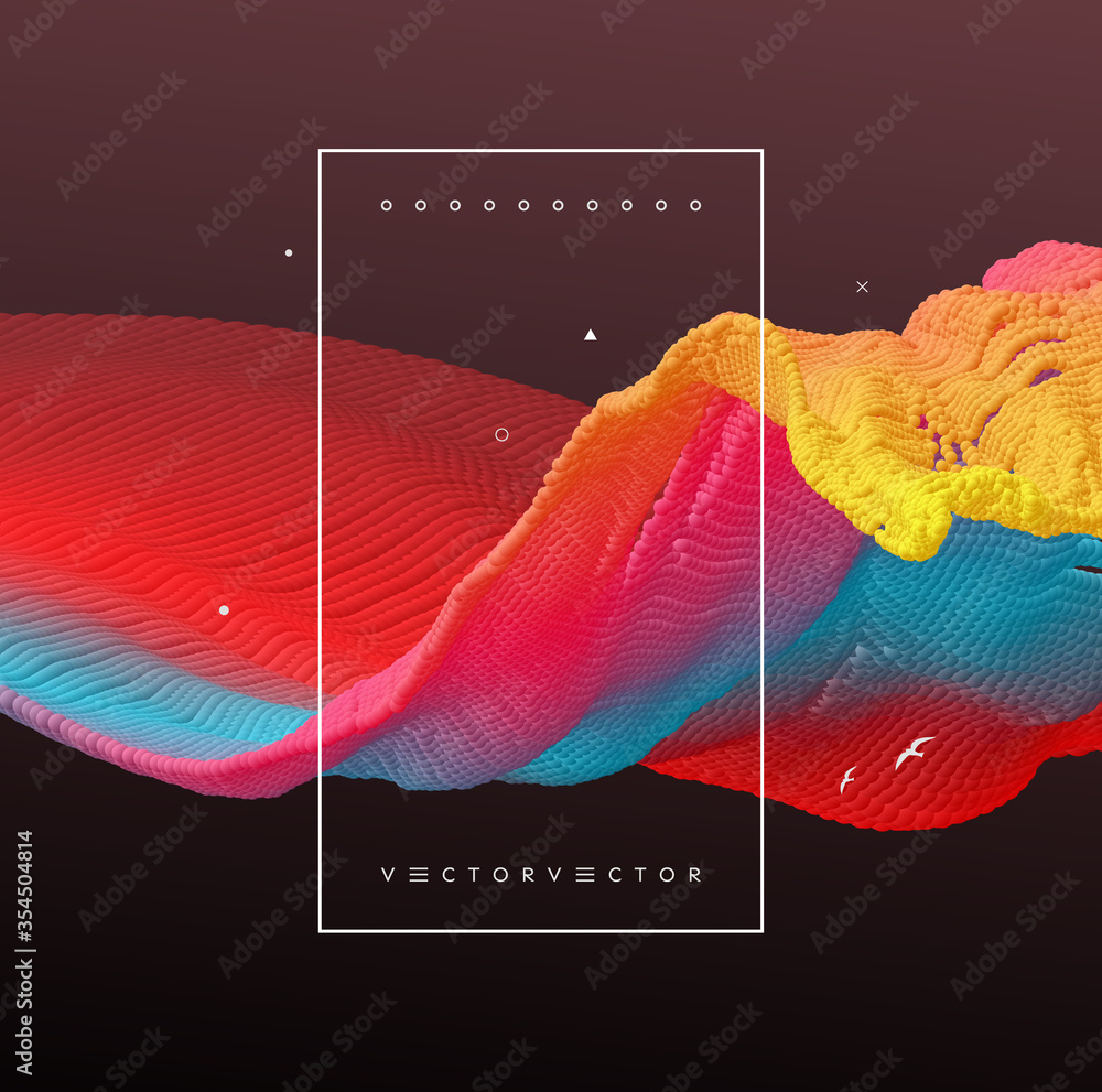 3D wavy background. Array with dynamic emitted particles. A wave formed ...