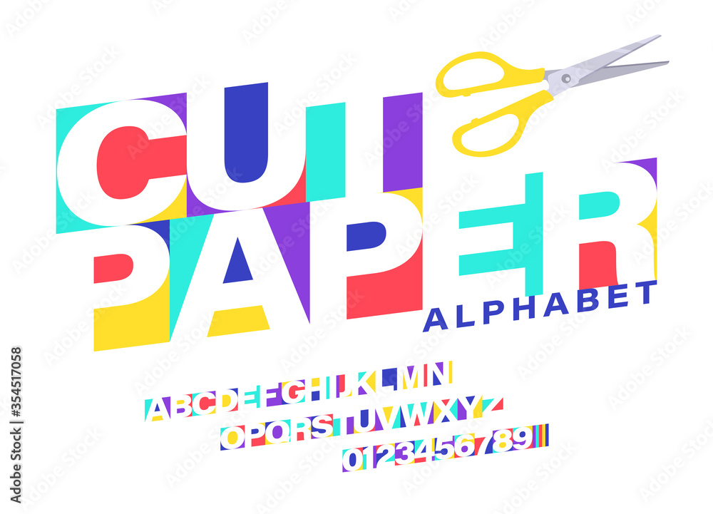 Set of colorful paper cut letters and numbers. Letters cut out of paper ...