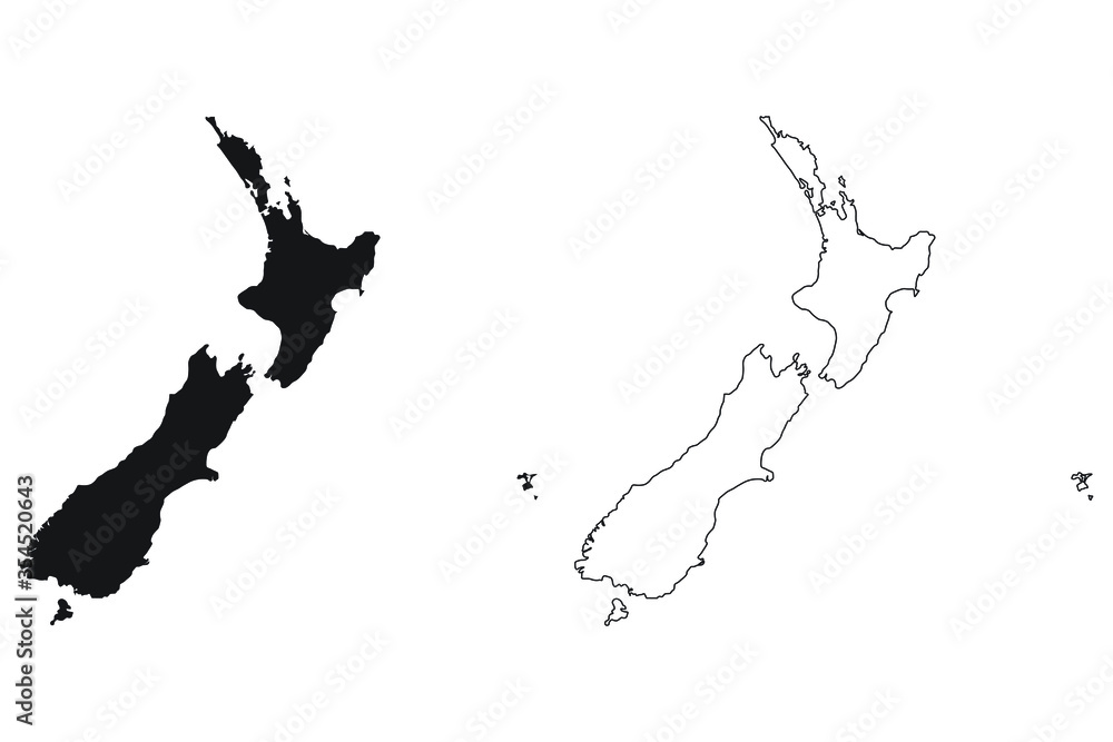 New Zealand Country Map. Black silhouette and outline isolated on white ...