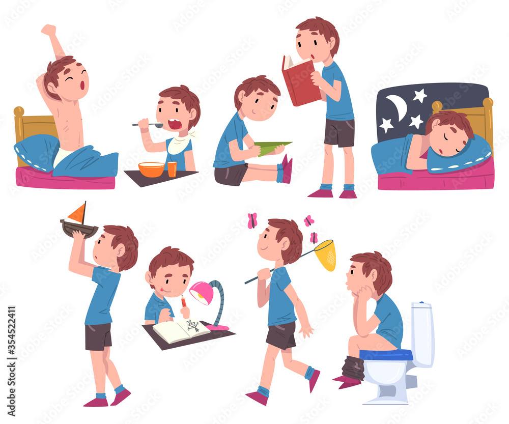 Cute Boy Daily Routine Activities Set, Child Waking Up, Eating ...