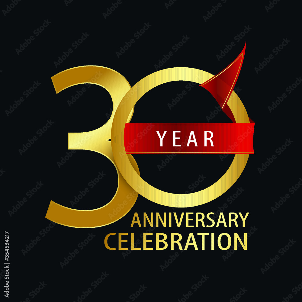 30 year minimalist logo years, jubilee, greeting card. Red and Gold ...