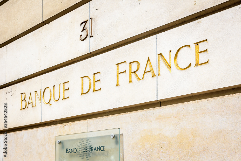 Paris, France - May 21, 2020: Low angle view of the inscription Banque ...