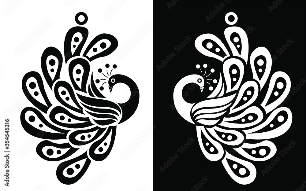 Beautiful vintage peacock design isolated on black and white background ...