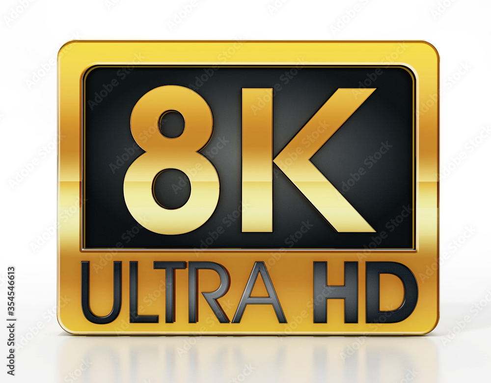 Gold 8K Ultra HD label isolated on white background. 3D illustration ...