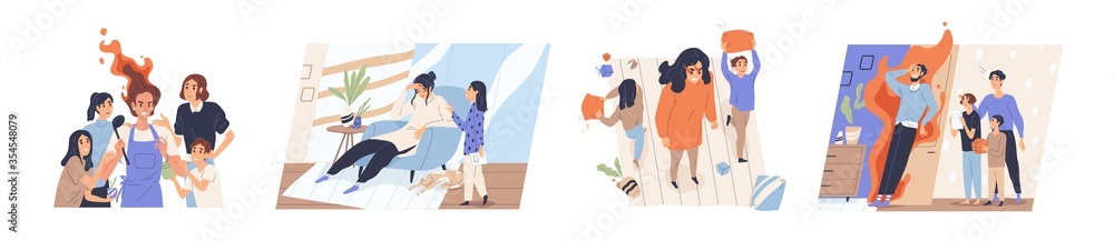 Concept of parental burnout. Collection of scenes with exhausted, tired ...