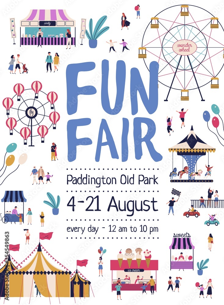 Fun fair colorful poster in vector flat cartoon style. Advertisement of ...