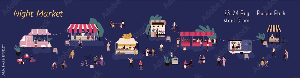 Night market horizontal banner vector flat illustration. Announcement ...