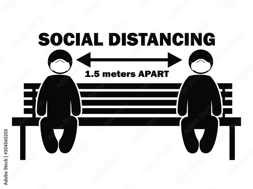 Social Distancing 1.5 Meters Apart Stick Figure with Mask on Bench ...