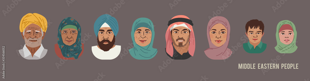 Middle Eastern People Head Avatar Set. Different Characters. Man Woman ...
