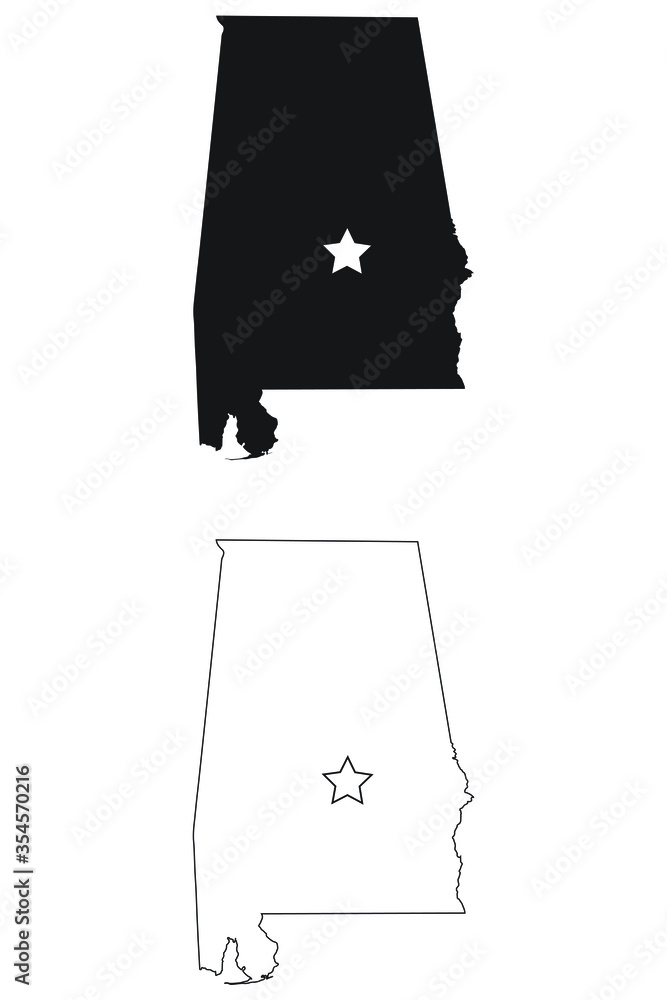 Montgomery Alabama AL state Map USA with Capital Star. Black silhouette ...