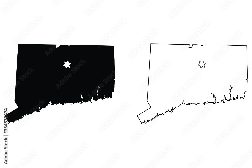 Connecticut CT state Map USA with Capital City Star at Hartford. Black ...