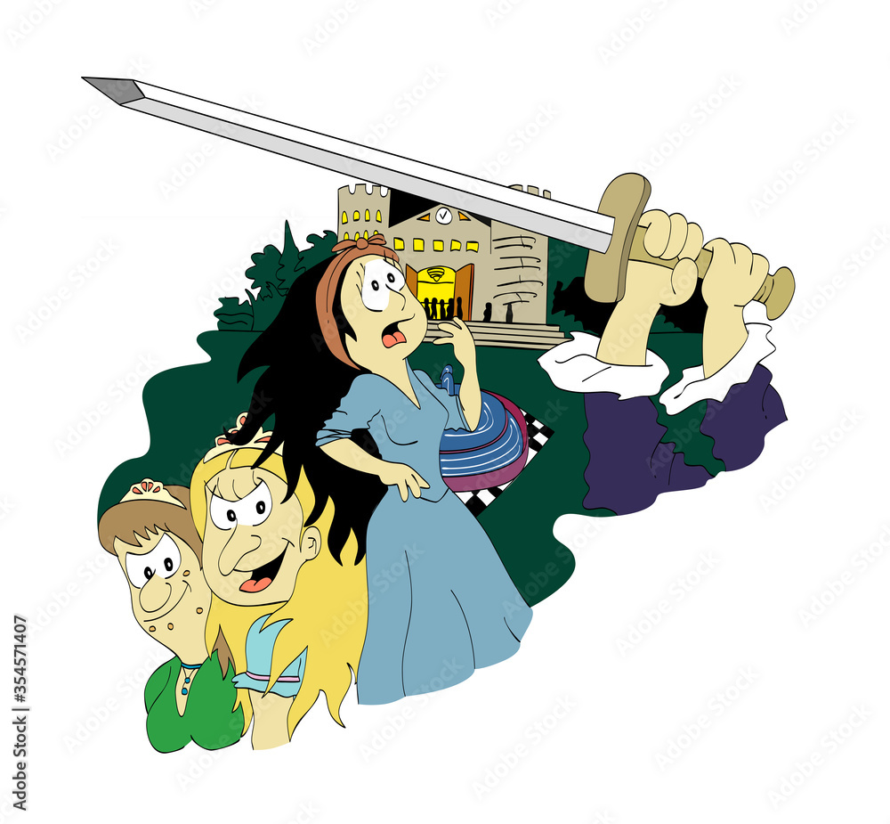 Tale scene with a poor princess, her wicked sisters, a luxury castle ...