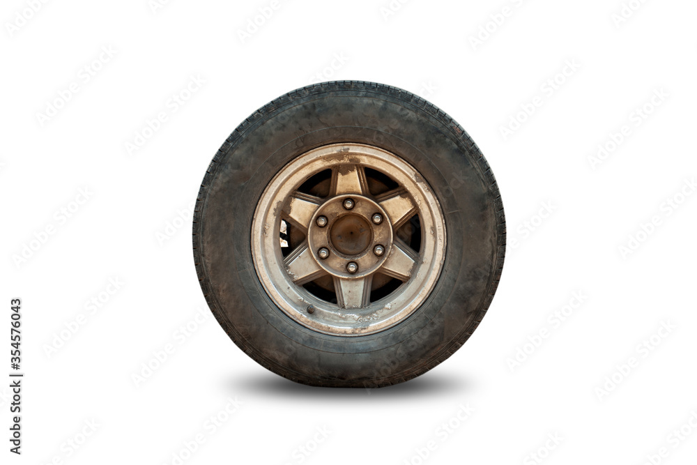 old Tires on alloy wheels Isolated silver aluminum on a white ...