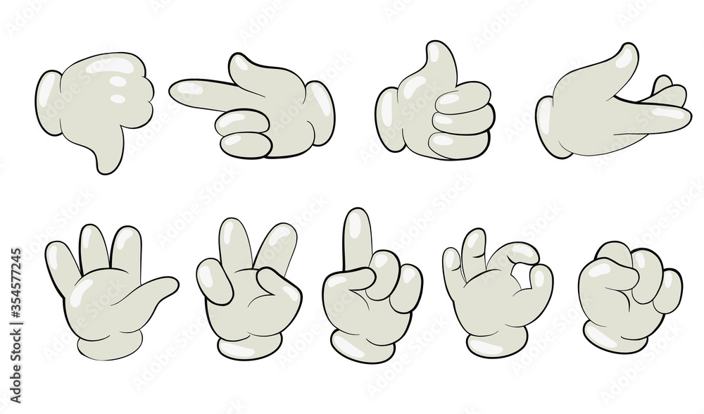 Cartoon hands in gloves flat icon set. Human character palms and ...