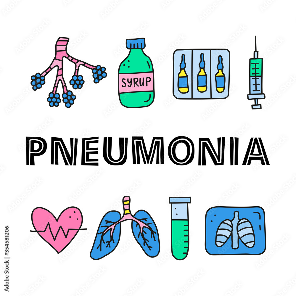 Poster with lettering and doodle colored pneumonia icons including ...