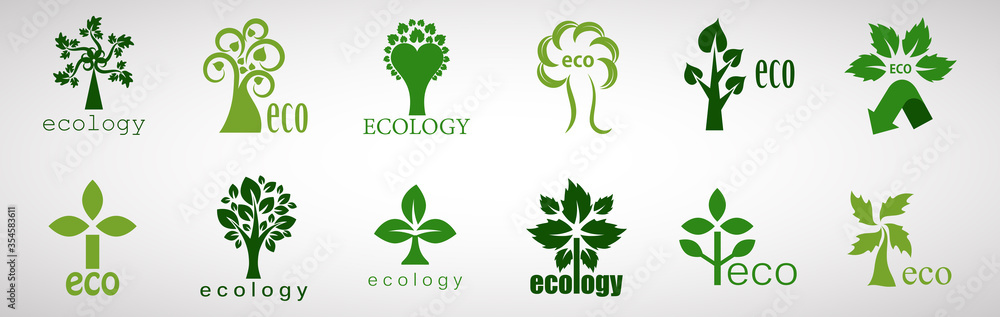 Collection Of Eco Tree And Organic Logo Set - Isolated On White ...
