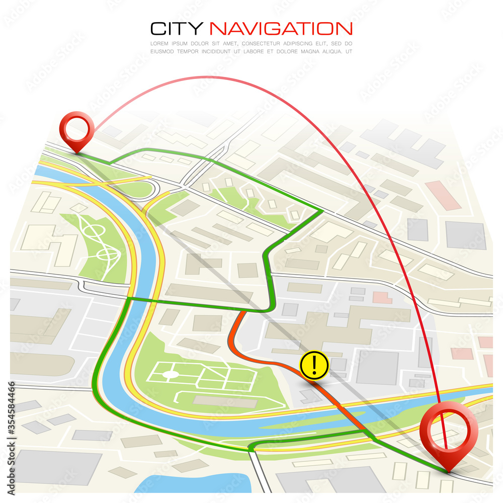 City map navigation route, itinerary point markers design background ...