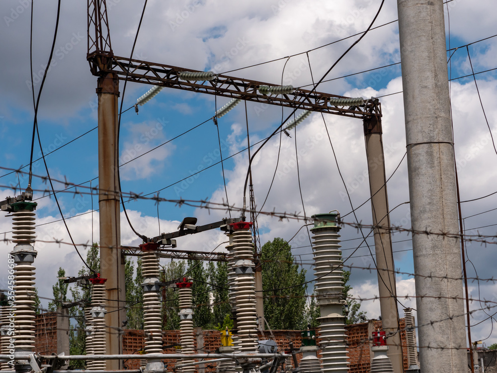 Transformer station near the power station. High voltage electrical ...