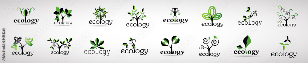 Collection Of Eco Tree And Organic Logo Set - Isolated On White ...