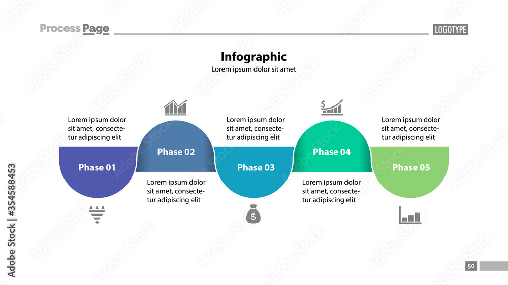 Five steps process chart slide template. Business data. Option, stage ...