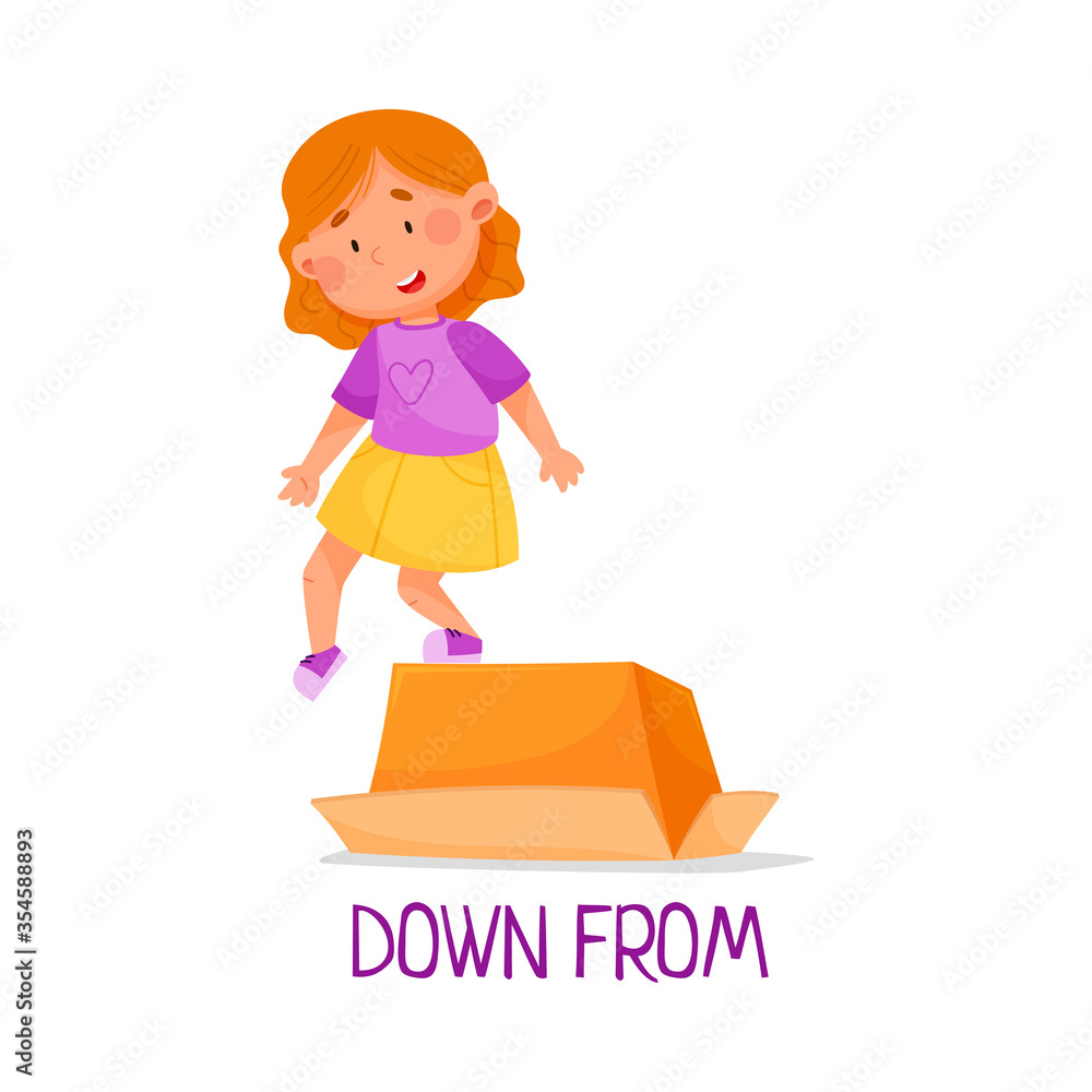 Little Red Haired Girl Stepping Down From Carton Box as Preposition of ...