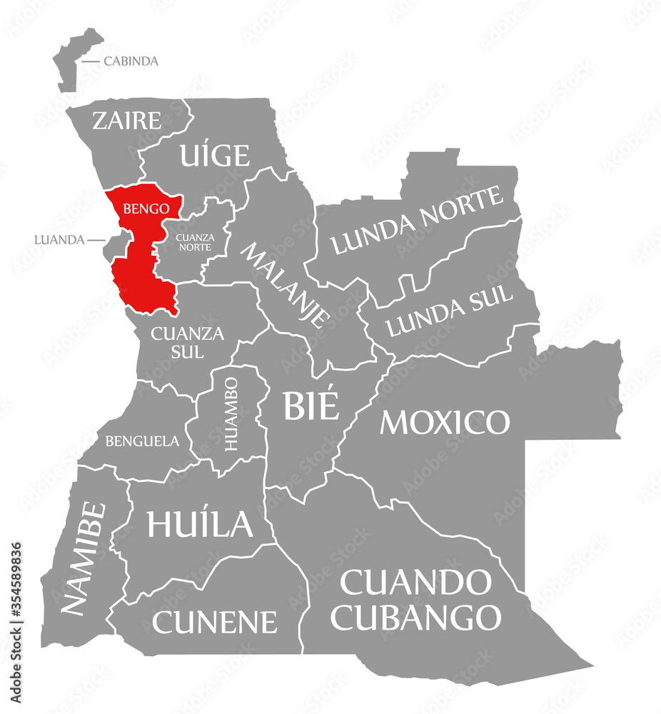 Bengo red highlighted in map of Angola Stock Illustration | Adobe Stock