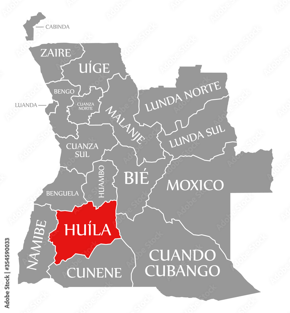 Huila red highlighted in map of Angola Stock Illustration | Adobe Stock