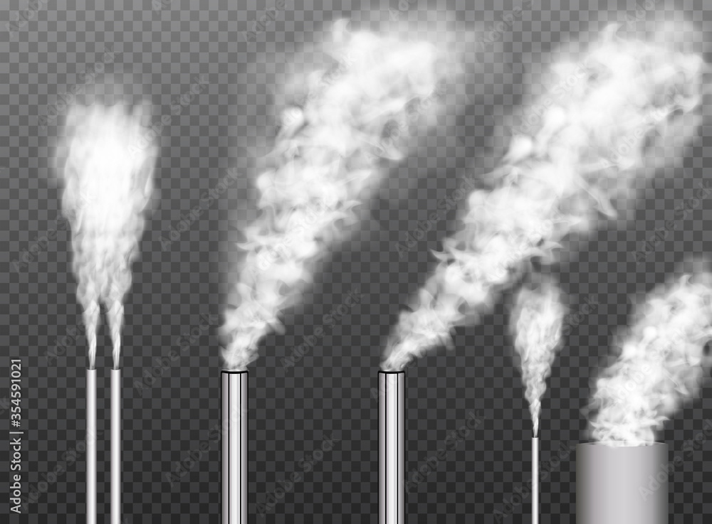 Chimneys with white smoke, industrial factory pipes collection. Urban ...