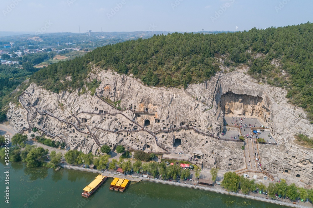 Longmen Grottoes Caves Yi River Luoyang in Henan province, China aerial ...