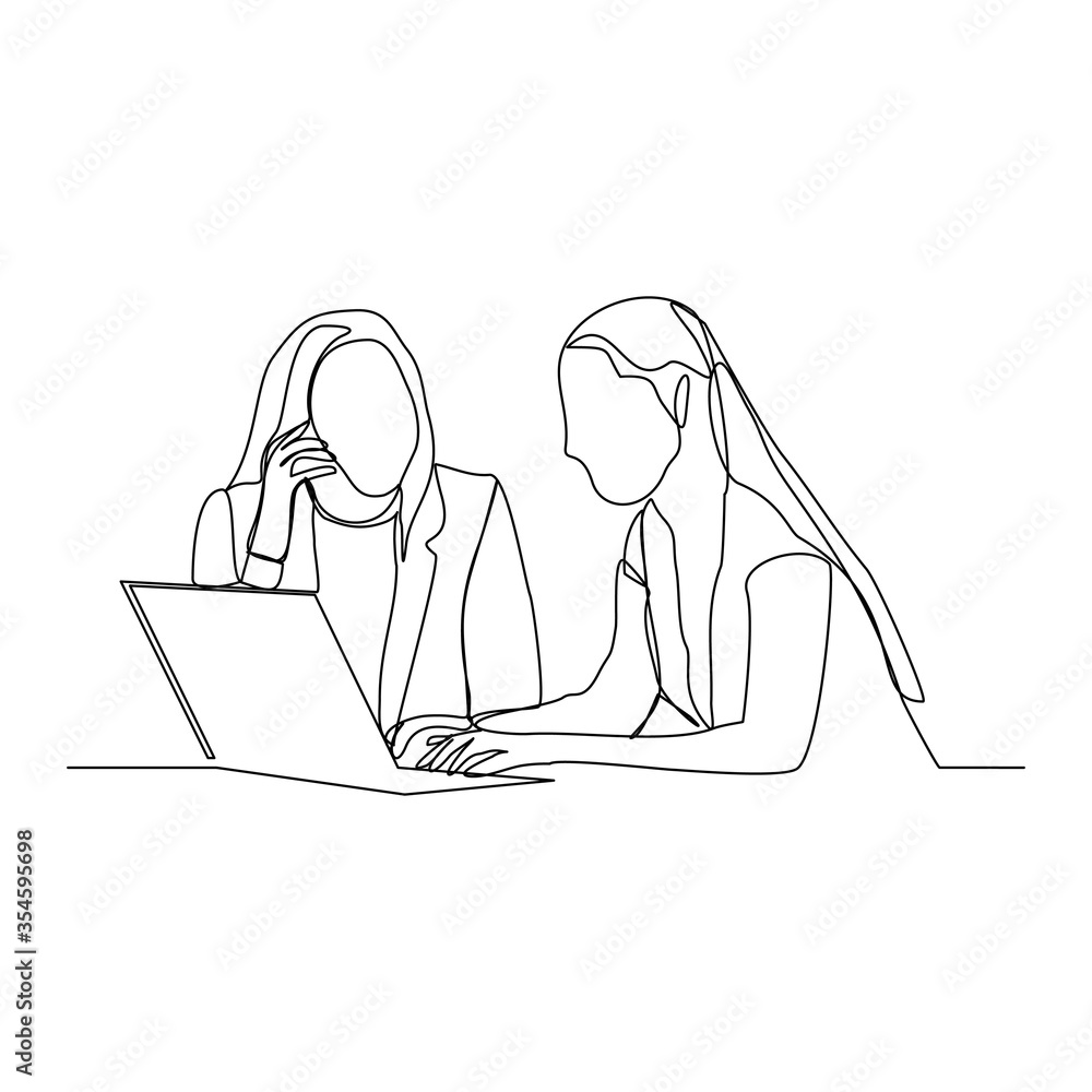 continuous line drawing of two women coworker talking something on ...