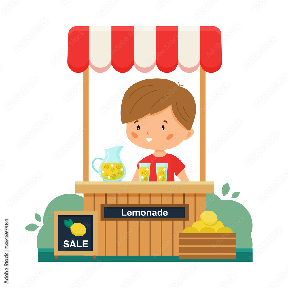 The boy sells lemonade. Sale lemons. Vector lemonade stand. First ...