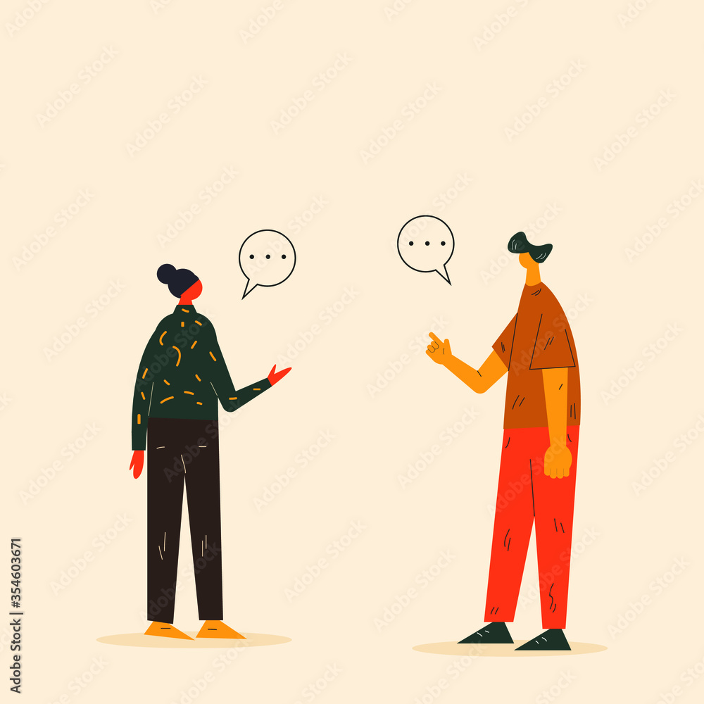 Young male and female characters standing and talking about something ...